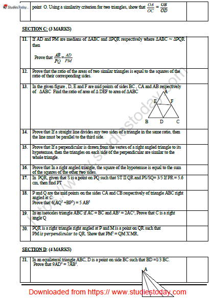 CBSE Class 10 Mathematics Triangles Worksheet Set A CBSE Class 10 Mathematics Triangles Worksheet Set A